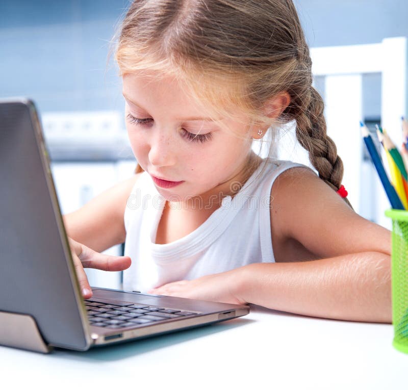 Little Girl with Her Computer Stock Image - Image of book, education ...