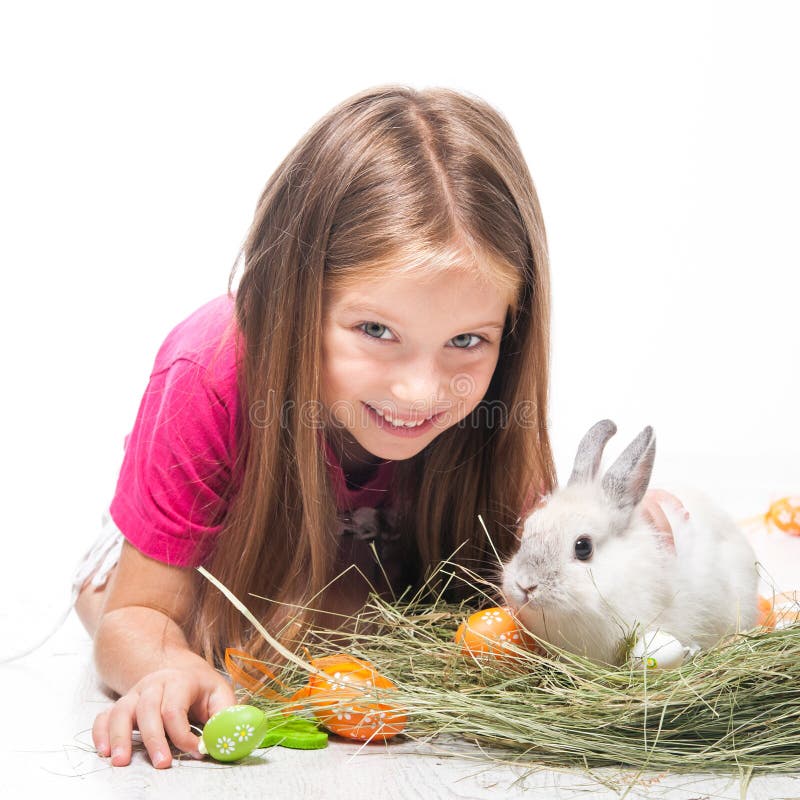 Little Girl with Her Rabbit Stock Image - Image of hair, playing: 49875493