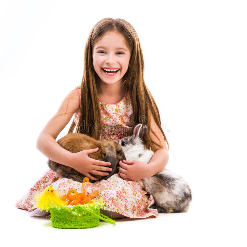 Little Girl Her Two Rabbits Stock Photos - Free & Royalty-Free Stock ...