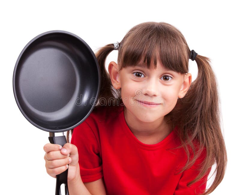 Little Girl Holding a Frying Pan Stock Photo - Image of child, joyful ...