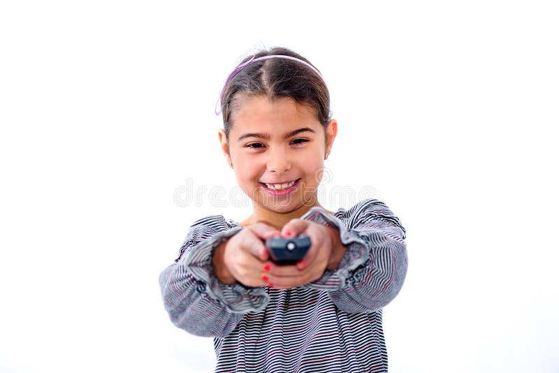 Little Girl Holding Remote Control Isolated on White Stock Image ...