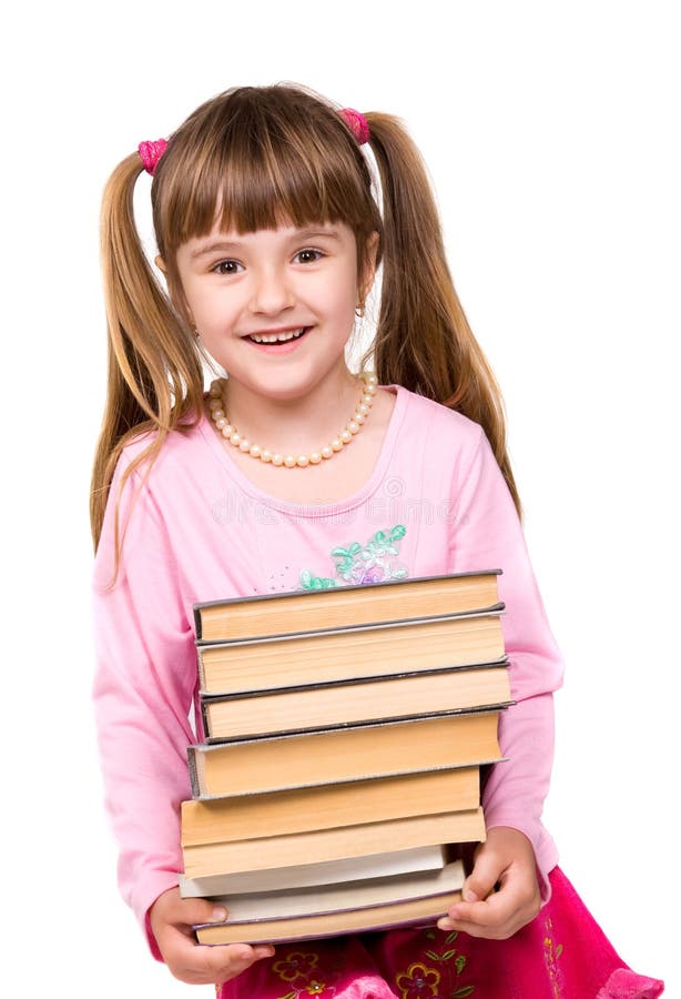 Little Girl Holding Stack Of Books Stock Photo - Image of little ...