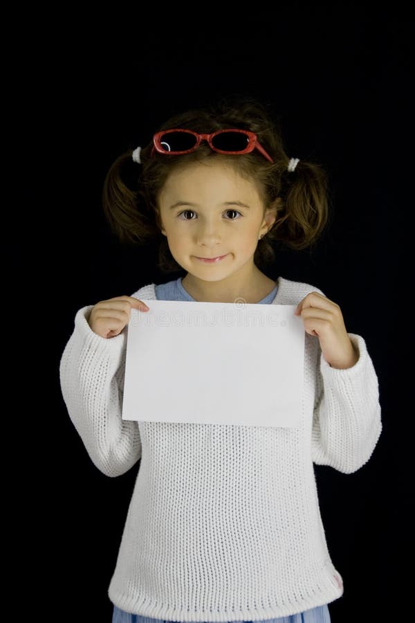 Little Girl Holds a Sheet of White Paper Stock Image - Image of sign ...