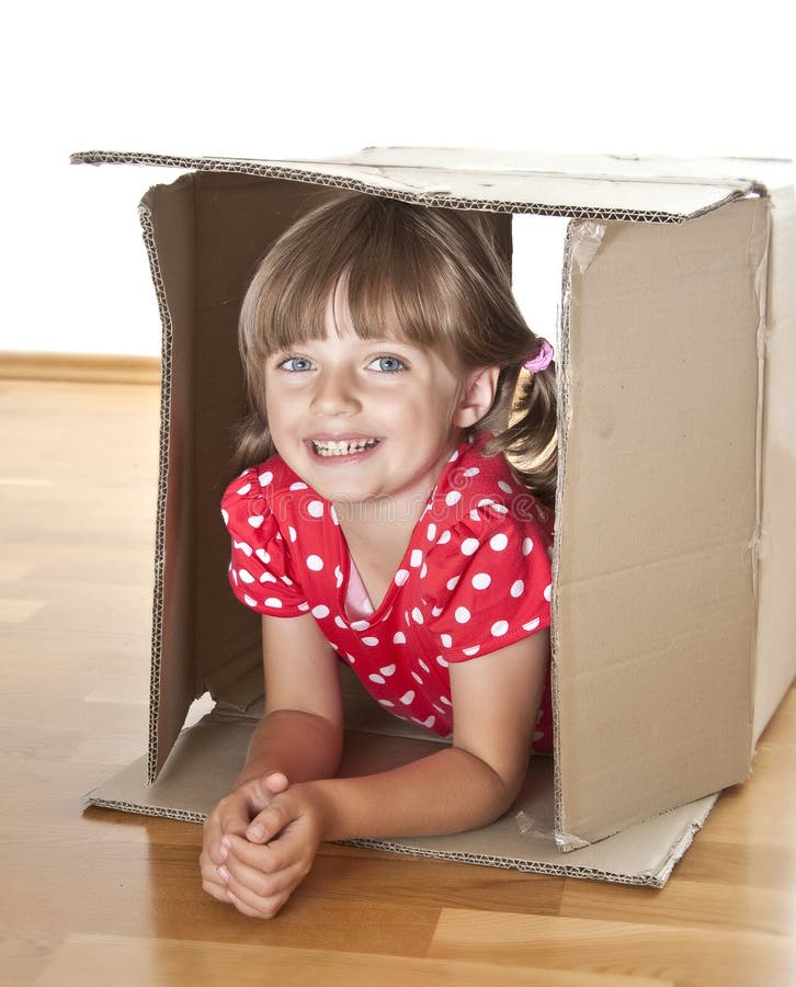 Little Girl Inside a Cardboard Box Stock Image - Image of little ...
