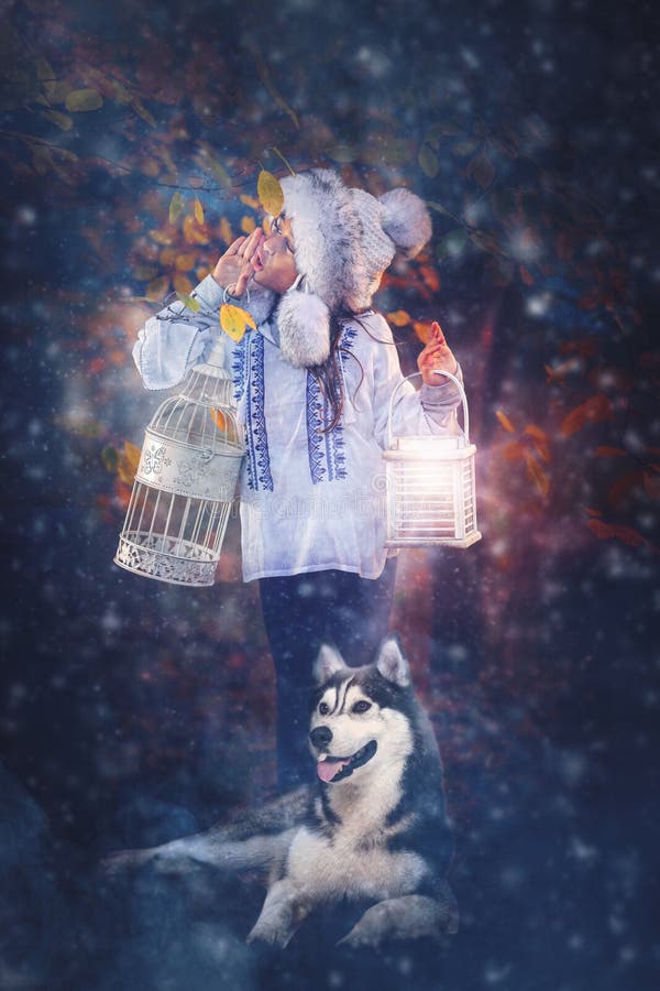 Little Girl with Lanterns in the Forest with Wolves Stock Image - Image ...