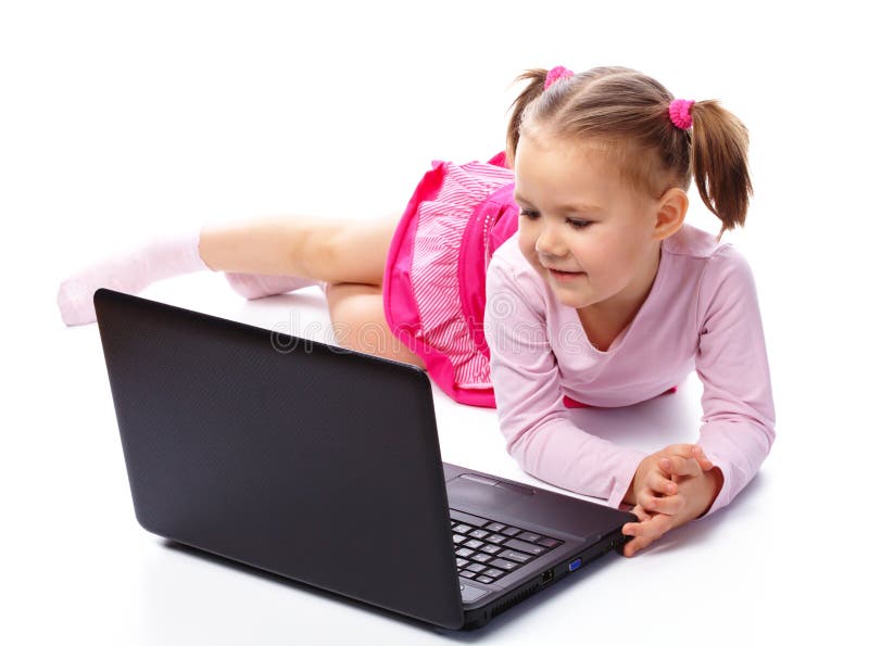 Little Girl in Her Room Working on Laptop Computer Stock Image - Image ...