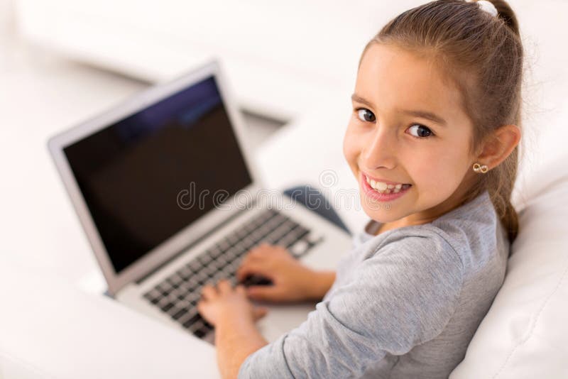 Little Girl Laptop Computer Stock Image - Image of joyful, house: 64225559