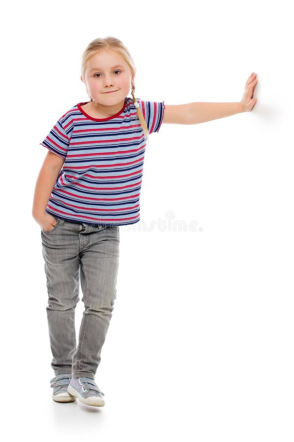 Little Girl Leaning Against a White Wall. Stock Photo - Image of blonde ...