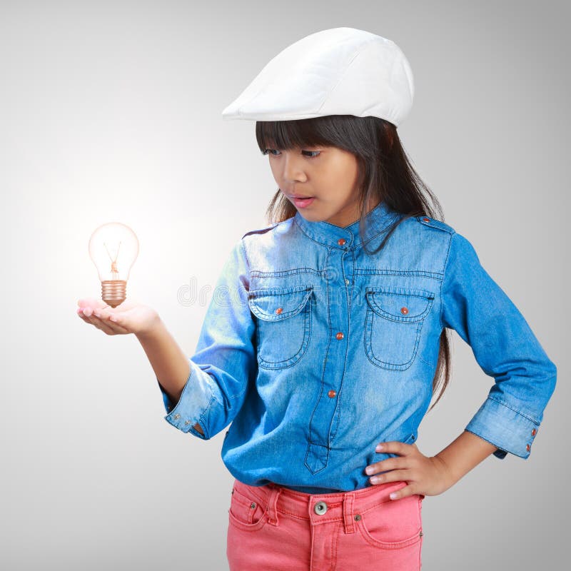 Little Girl with a Light Bulb in Hand Stock Image - Image of creative ...