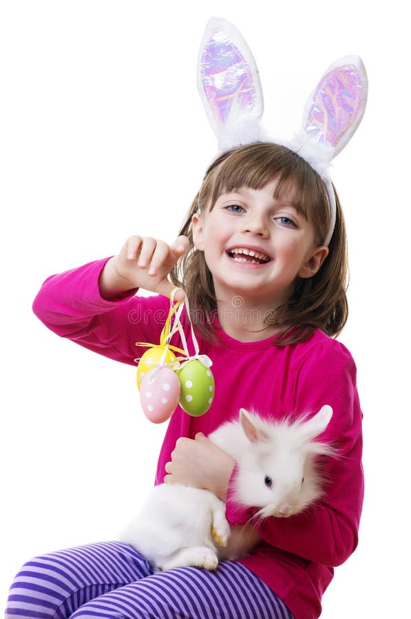 Little Girl with Easter Rabbit Mask, Holding a Rabbit Stock Photo ...