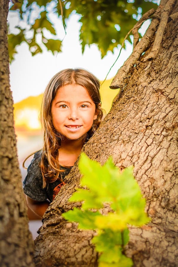 Little Girl Looking from Behind the Tree Stock Photo - Image of ...