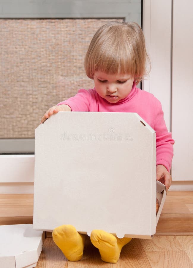 Little Girl Looking into Box with Pizza Stock Image - Image of hungry ...