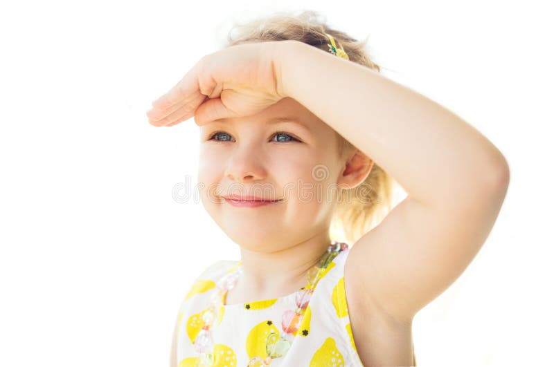 Little Girl Looking Forward Hand Forehead White Stock Photos - Free ...