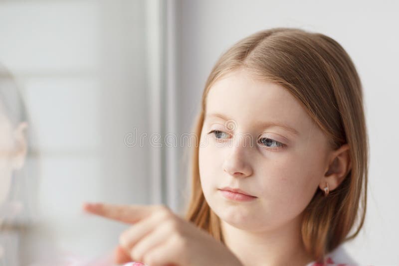 Little Girl Looking Out Points Finger Window Stock Photos - Free ...