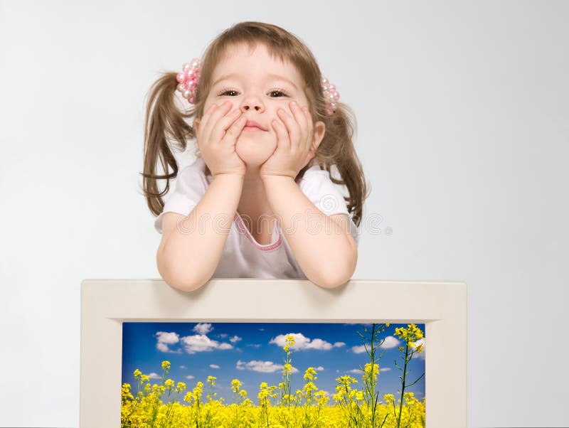 Little Girl Looking Over Computer Monitor Stock Photo - Image of ...