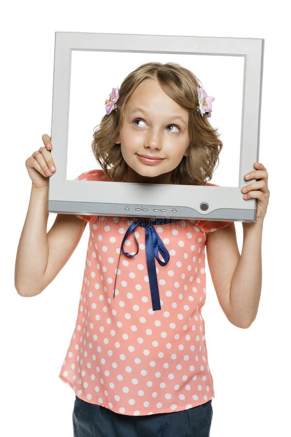 Little Girl Looking through the TV / Computer Screen Frame Stock Image ...