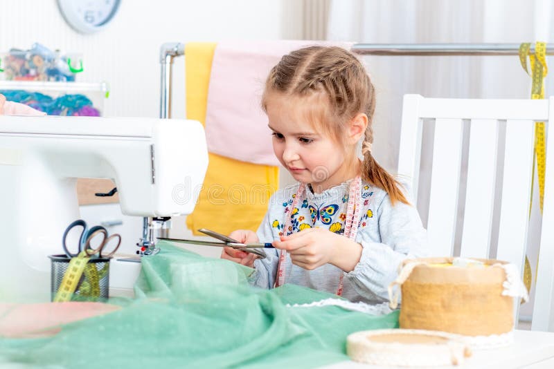 Little Girl Making Crafts at Sewing Machine Stock Image - Image of hand ...