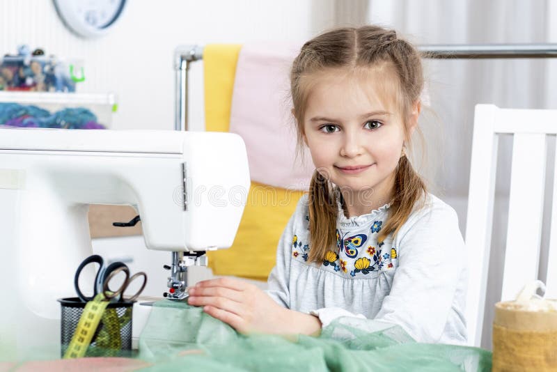 Little Girl Making Crafts at Sewing Machine Stock Image - Image of seam ...