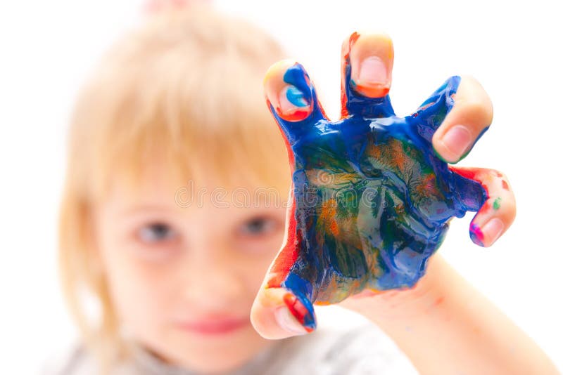 Little Girl with Hand in Paint Stock Image - Image of portrait ...