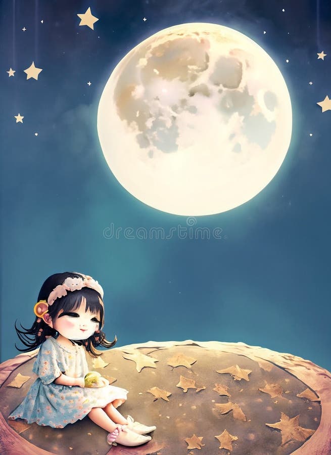 Little girl with moon stock illustration. Illustration of blue - 300465979