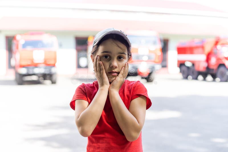 Little Girl Near Fire Trucks Stock Image - Image of helping, inferno ...
