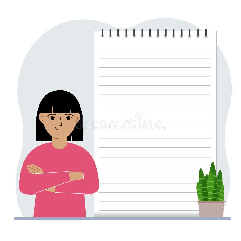 Little Girl Next To a Large Notepad or Large Notebook. the Concept of ...