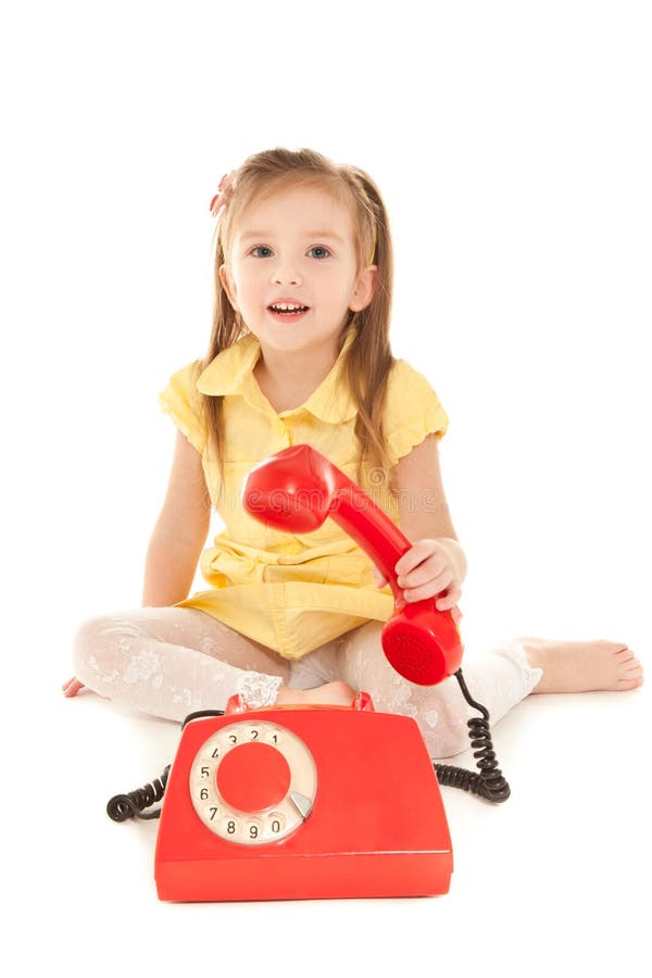 Little Girl with Old Red Phone Stock Photo - Image of little, activity ...