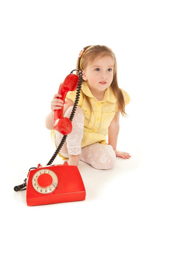 Little Girl with Old Red Phone Stock Image - Image of laughing ...