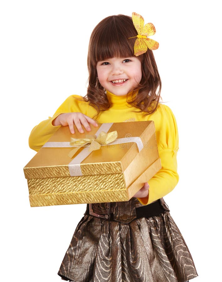 Little girl open gift box. stock image. Image of yellow - 14719447