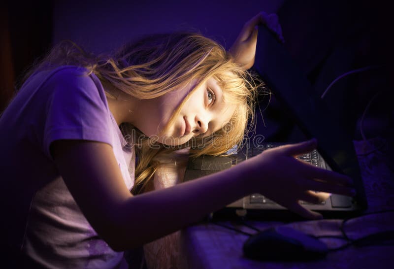Little Girl Open Laptop and Looks Inside Stock Photo - Image of blond ...