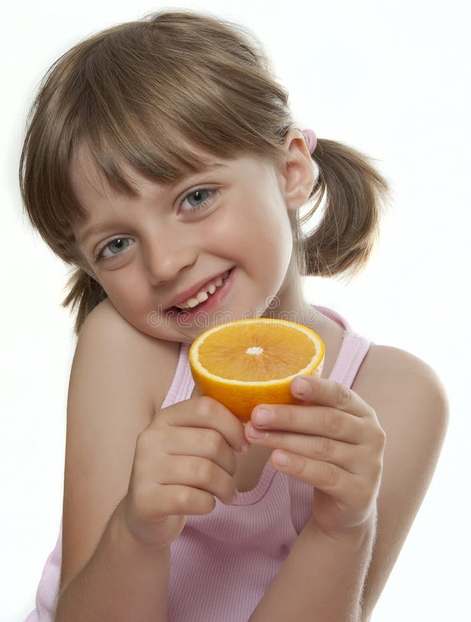 Little girl with orange stock photo. Image of girl, isolation - 26136198