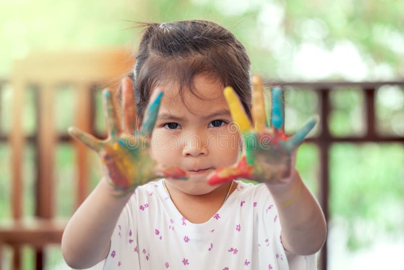 Little Girl with Painted Hands Stock Image - Image of baby, exciting ...