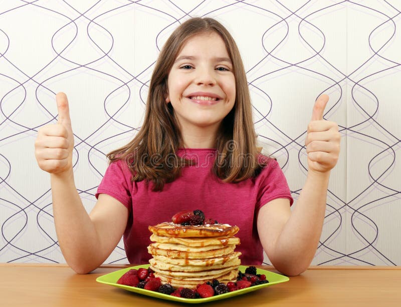 Little Girl with Pancakes and Thumbs Up Stock Image - Image of crepes ...
