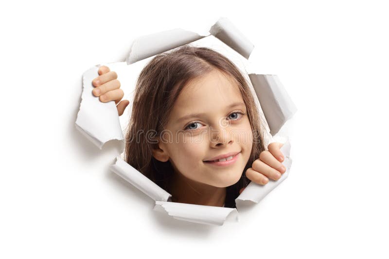 Little Girl Peeping through Paper Hole Stock Photo - Image of peep ...