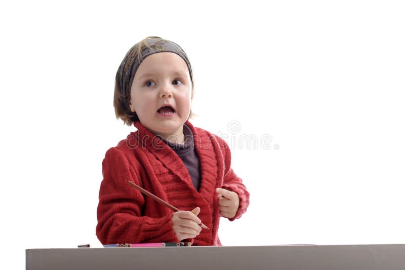 Little Girl with Pencils Explaining Her Drawing Stock Photo - Image of ...