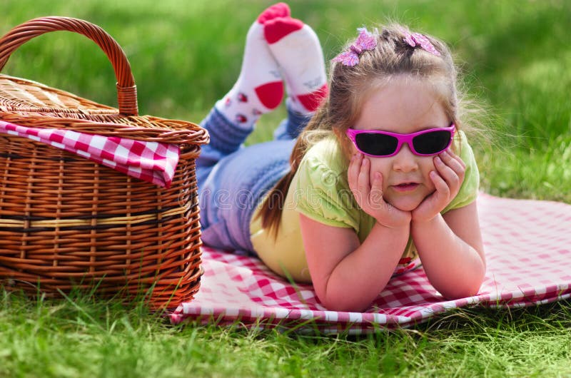 Little Girl with Picnic Basket Stock Photo - Image of meadow, forest ...