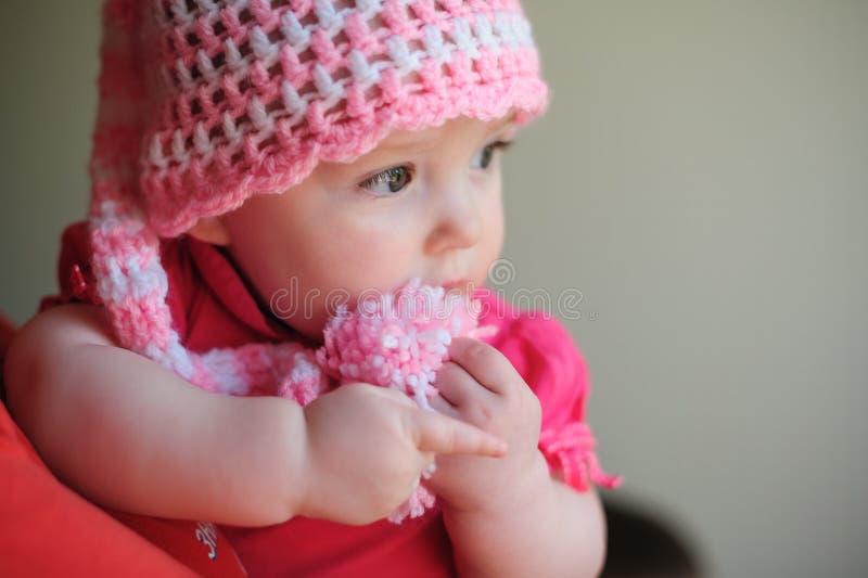 Little Girl in Pink Knitted Hat Stock Photo - Image of horizontal ...