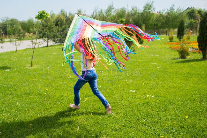 Little Girl Play with Colored Kite Stock Image - Image of active ...