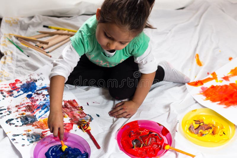 Little Girl Playing with Color Paint Stock Photo - Image of paintbrush ...