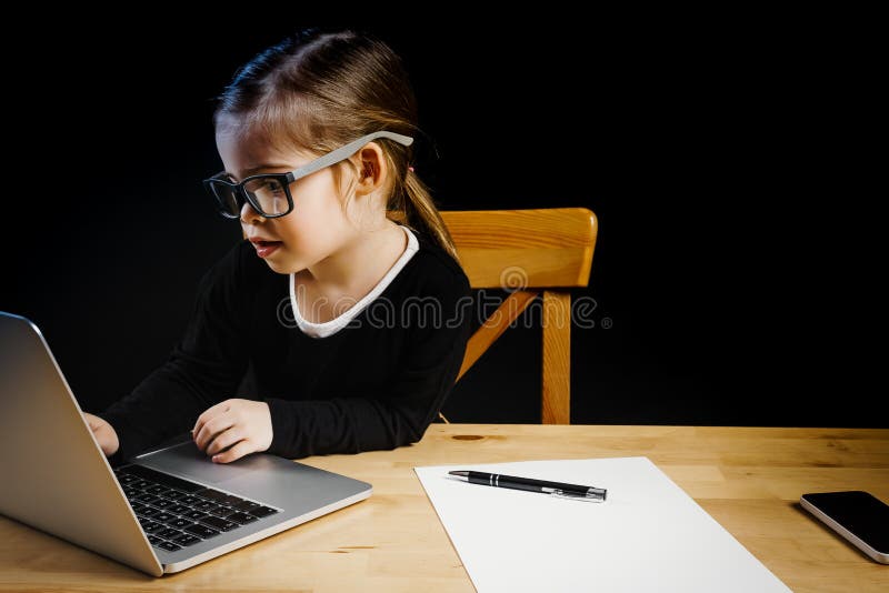Little Girl Playing in the Office Stock Photo - Image of cheerful, desk ...