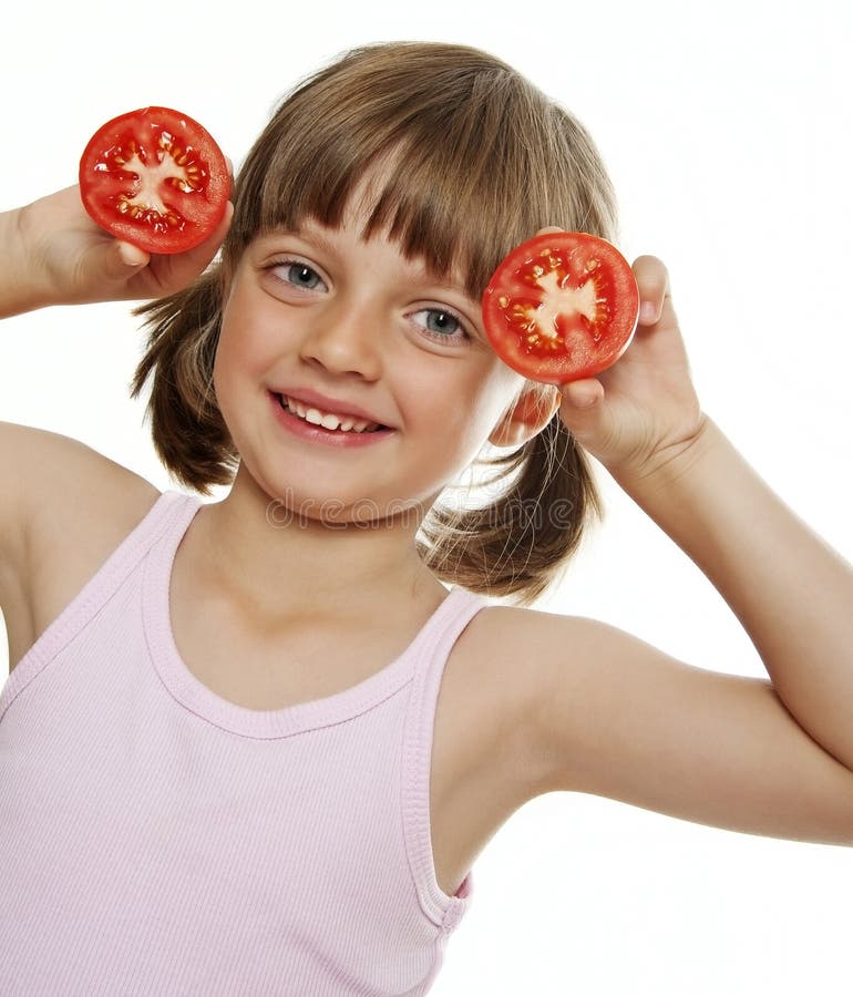 Little Girl Playing with a Tomato Stock Photo - Image of isolated ...