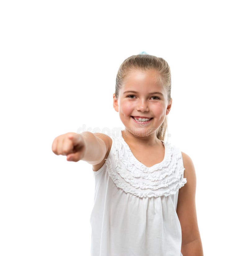 Girl Point With Finger At Blank Copyspace Stock Photo - Image of ...
