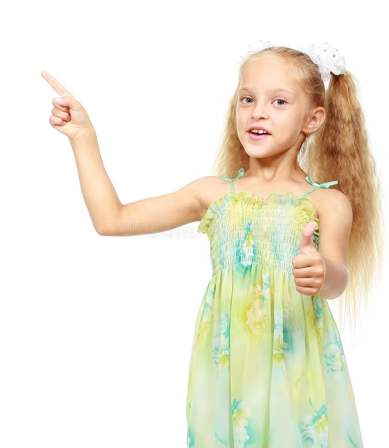 Little Girl Pointing Finger on a White Background Stock Photo - Image ...