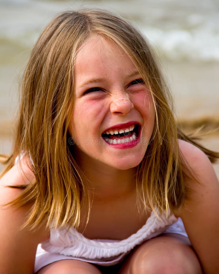 Summer Portrait Happy Smiling Child Little Girl Lying on Sand on Beach ...