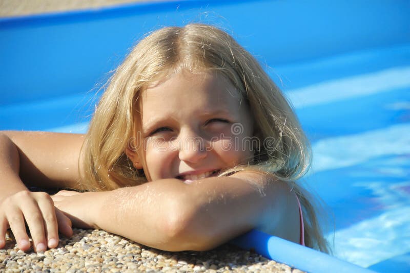 Little Girl, Portrait in the Pool Stock Photo - Image of activity ...