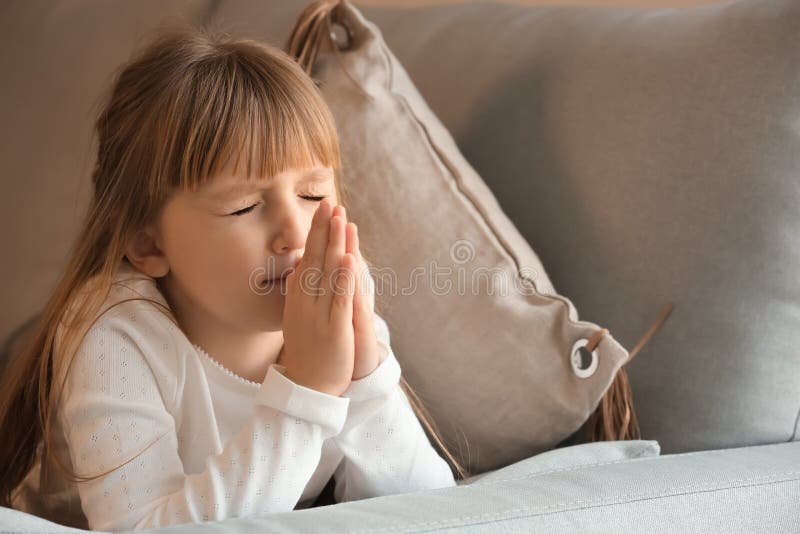 Little Girl Praying at Home Stock Image - Image of begging, home: 151279647