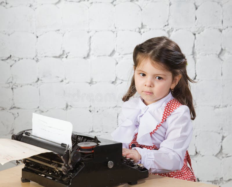 Little Girl Prints on the Ancient Typewriter Stock Photo - Image of ...