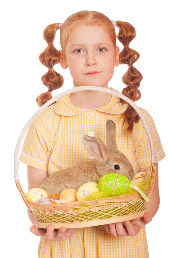 Little Girl with a Rabbit in Basket Easter Eggs Stock Photo - Image of ...