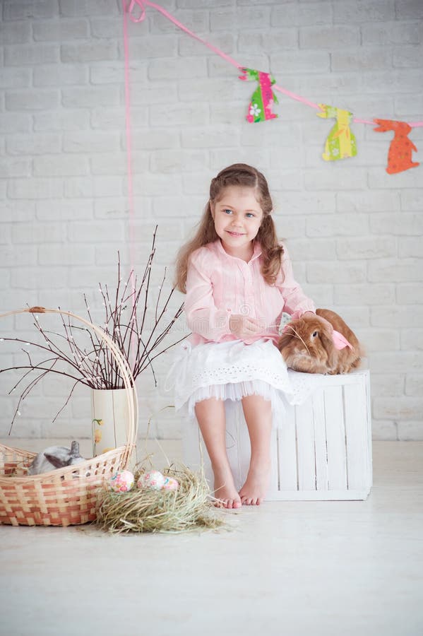 Little Girl with Rabbit and Easter Decorations Stock Photo - Image of ...