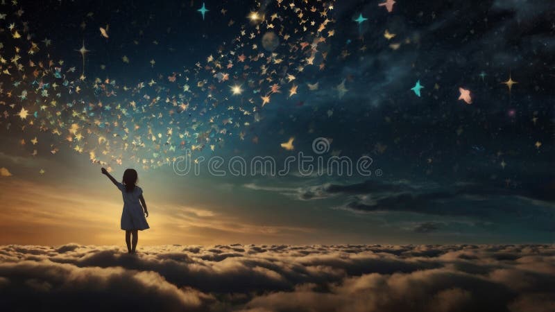 Little Girl Reaches for Falling Stars on Clouds Stock Illustration ...